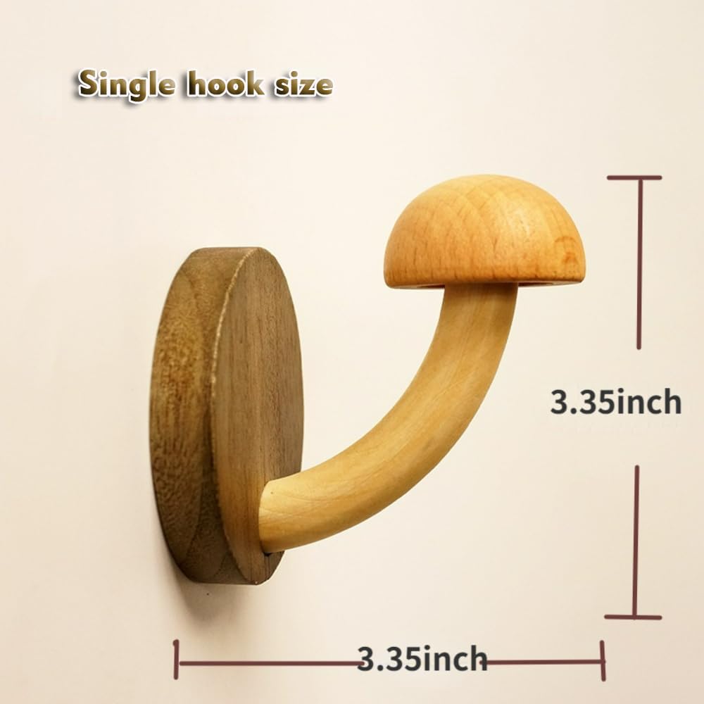 Auntzyj Fun Wooden Mushroom Coat Hook, Non-Perforated Solid Wood Hook,Mushroom Wall Hook Hanger, Kitchen Bathroom Cloakroom Door Towel Hooks (Pack of 4)
