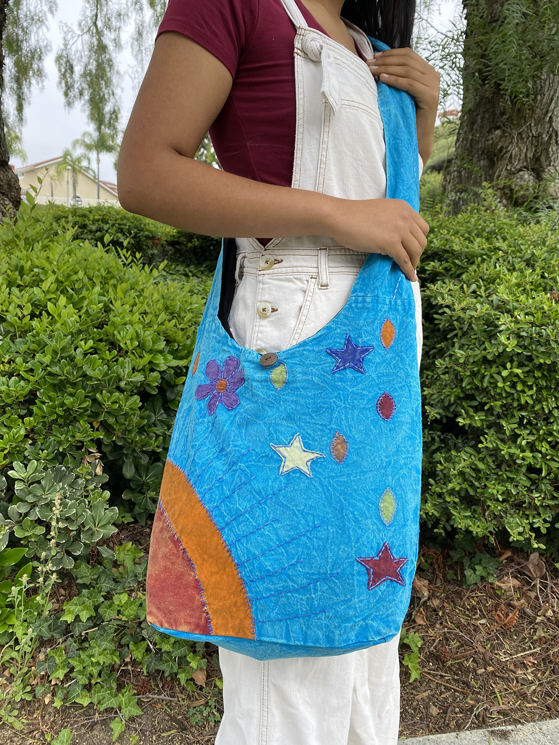 Elements of Nature Bohemian Hand-Stitched Hippie Hippy Shoulder Crossbody Monk Handbag in Blue Large