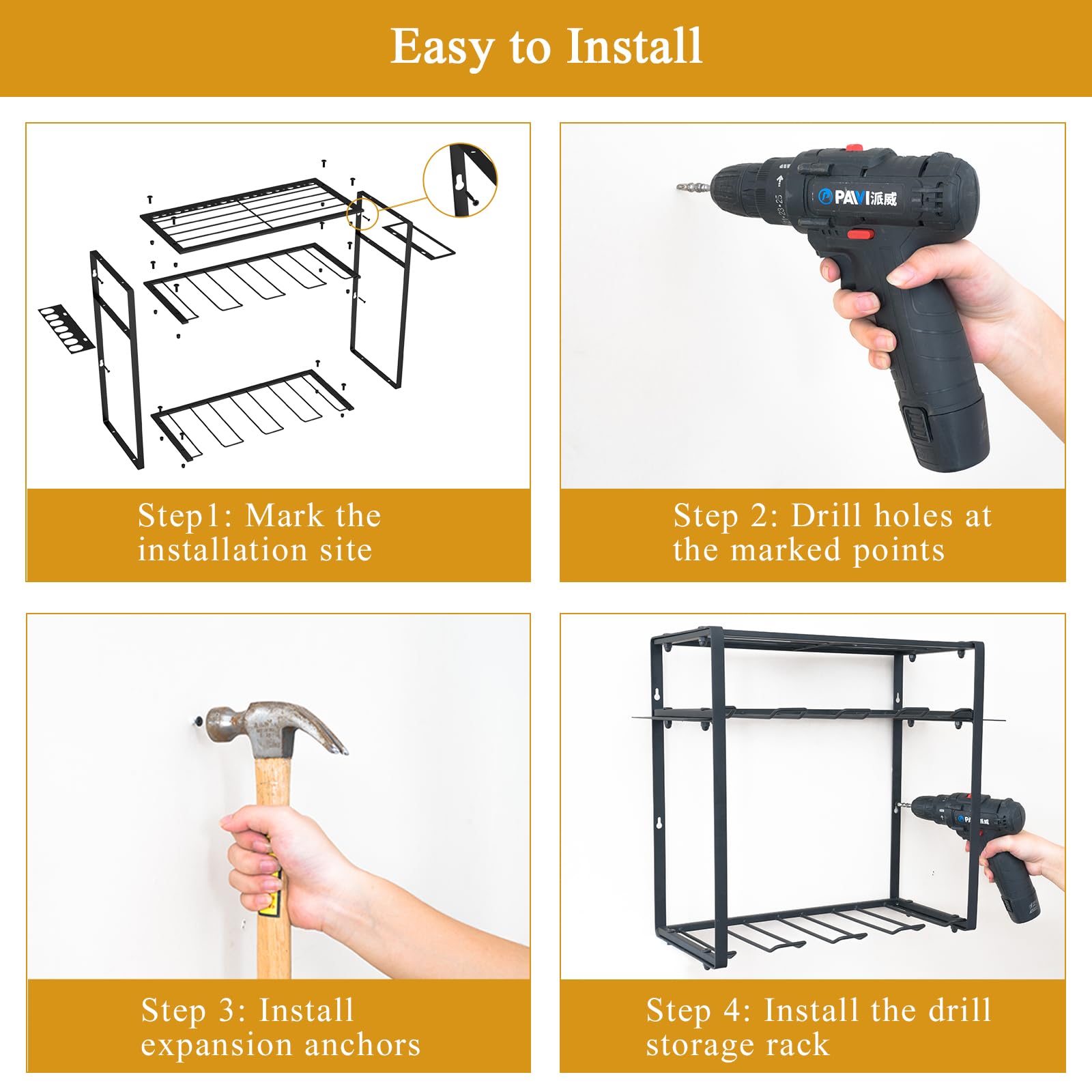 Aunulahca Power Tool Organizer, 8 Drill Holder Storage Rack, 3 Layer Heavy Duty Garage Utility Tool Shelf, Black Metal Tool Rack with Hooks, Screwdriver Hammer Holder for Garage Organization