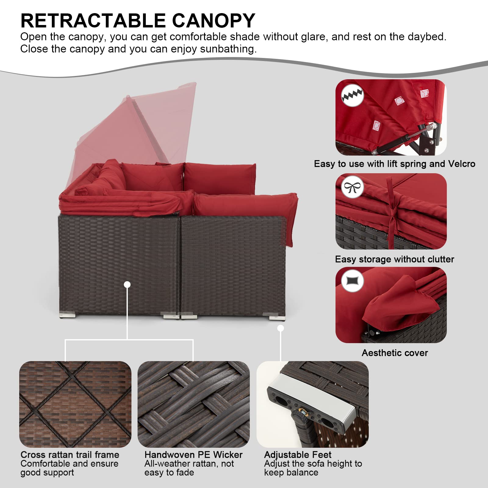 HOMREST 6 Pieces Patio Furniture Sets, Rattan Daybed with Retractable Canopy, Outdoor Sectional Sofa Set with Adjustable Backrest, Chaise Chair Sunbed for Garden Poolside Backyard (Wine Red)