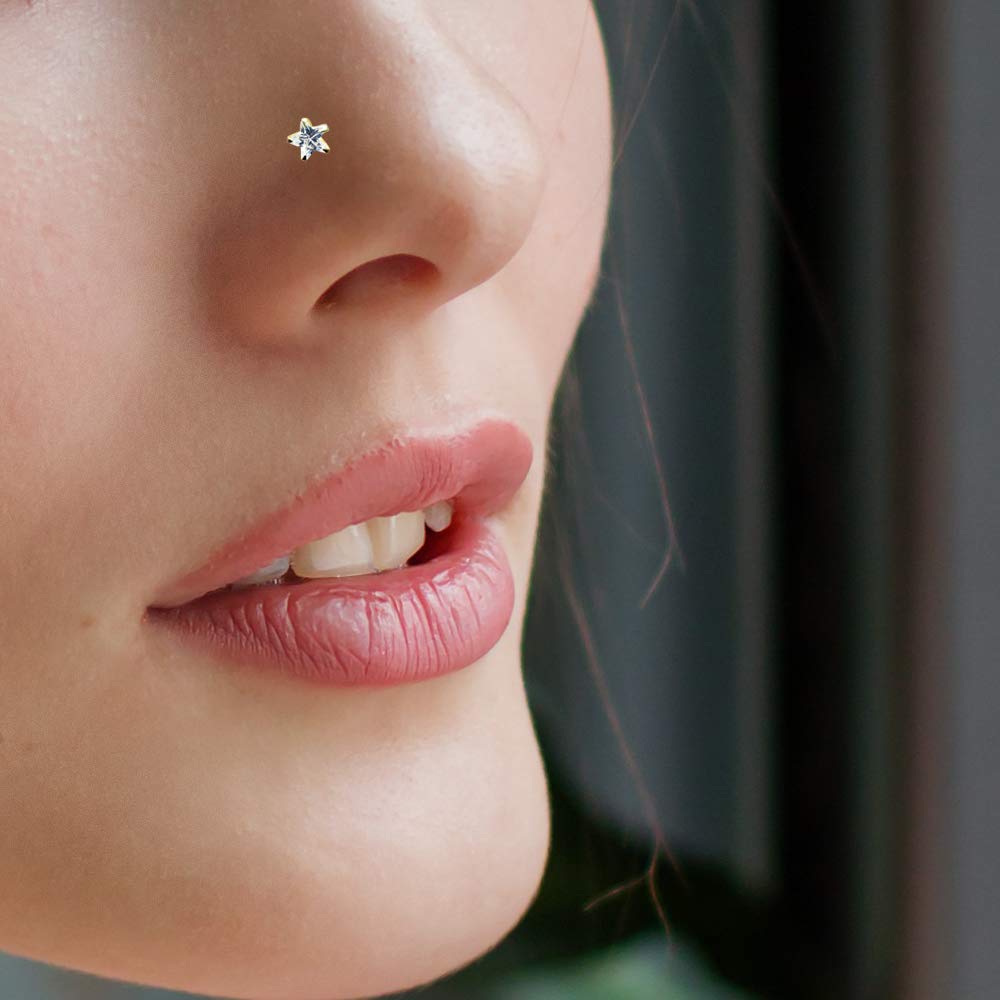 9K Solid Yellow Gold 3MM Star CZ Stone 22 Gauge Straight End Nose Stud Piercing Jewelry