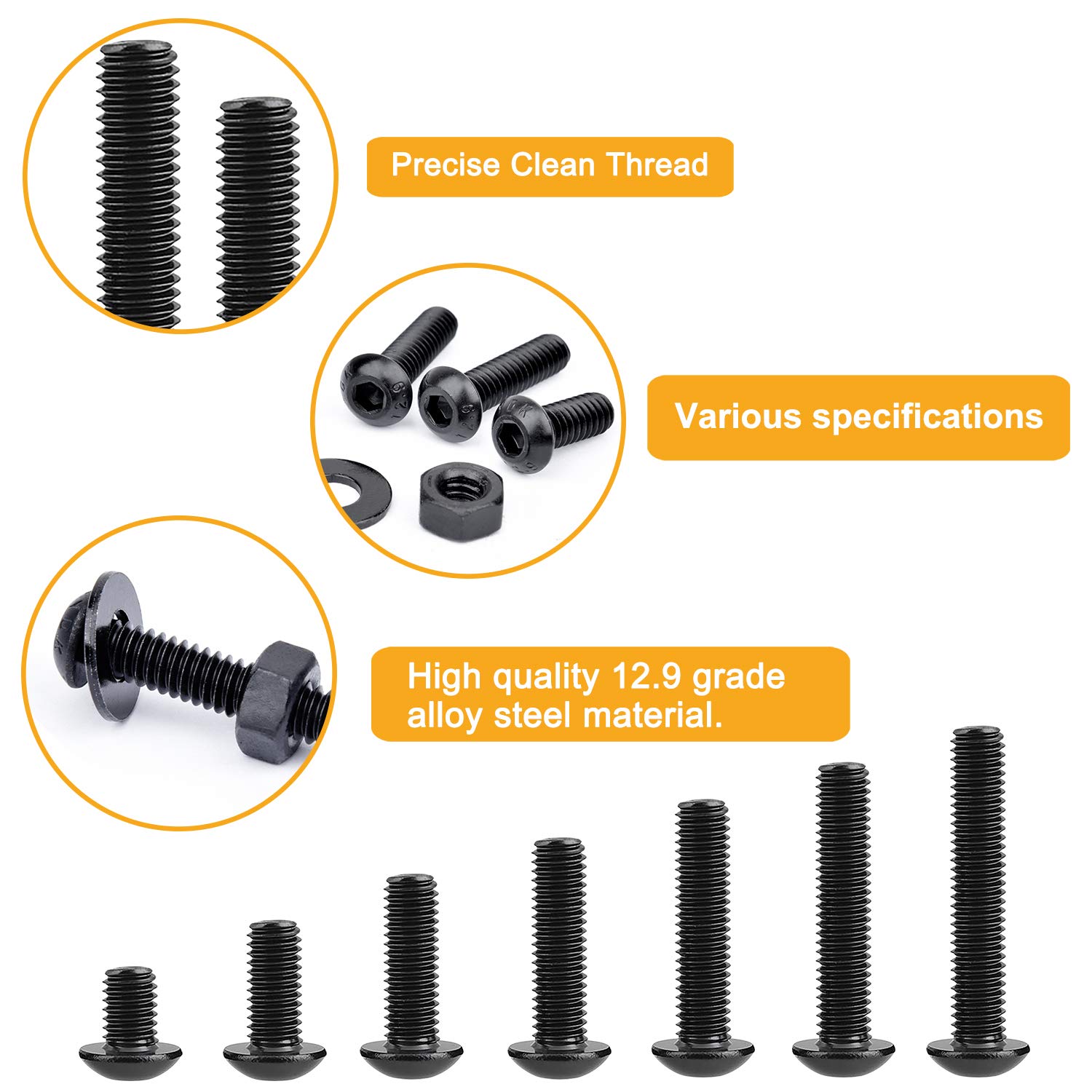 VIGRUE 305Pcs 1/4-20 Bolt and Nut Assortment Kit, 1/4-20 Black Button Head Socket Cap Screw Nuts Washers Kit, Assorted Allen Head Screws, Class 12.9 Alloy Steel