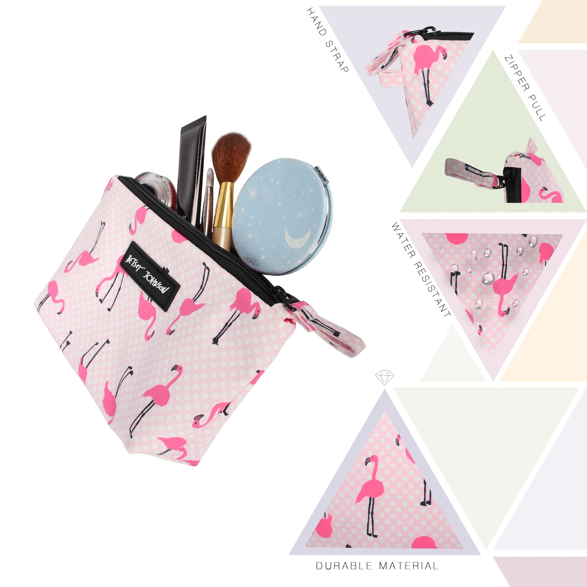 Betsey Johnson 8.5 Inch Zipper Cosmetic Pouch Small Toiletry BagâLightweight Durable Polyester Organizer with Inner Zipped Pocket Good For Makeup Accessories and Travel Needs (Flamingo Strut)