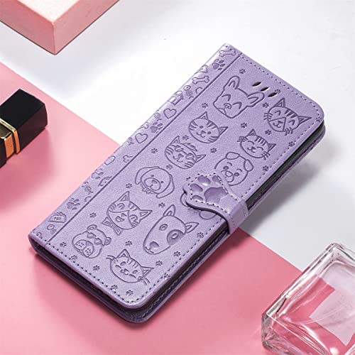 CCSmall for Oppo A17 PU Leather Flip Wallet Case, Cute Cat Dog Cartoon Style with Card Slots Holder Phone Cover Case for Oppo A17 MG Purple