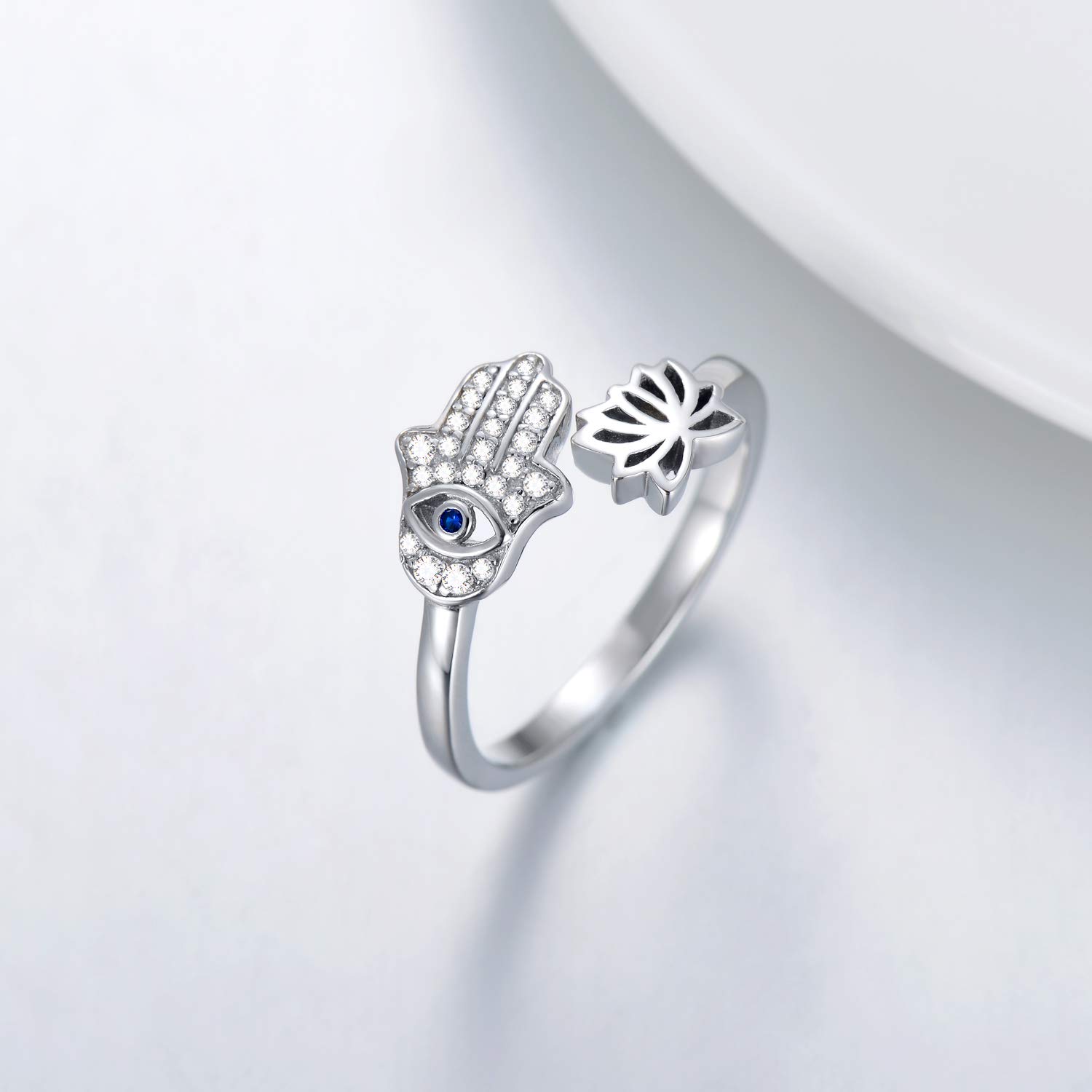 925 Sterling Silver Hamsa Hand of Fatima & Lotus Ring Evil Eye Adjustable Open Ring Jewelry Gift for Women (10)