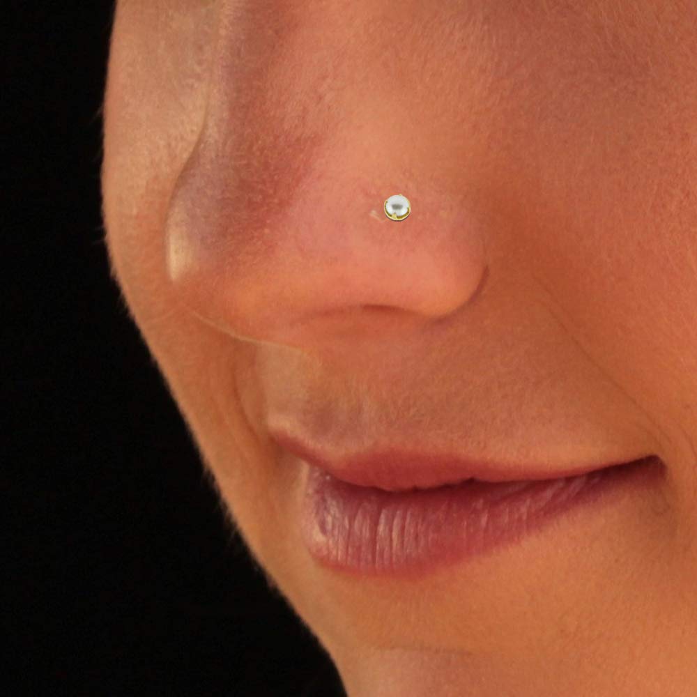 9K Solid Yellow Gold Claw Set 2MM Natural Pearl 22 Gauge L Bend Nose Stud Piercing Jewelry
