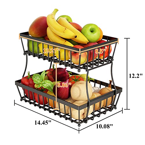 GILLAS 2 Tier Fruit Basket Countertop for Kitchen, Vegetable Bread Basket Fruit Bowl Storage Stand Detachable Metal Rectangular Wire Basket Black Medium