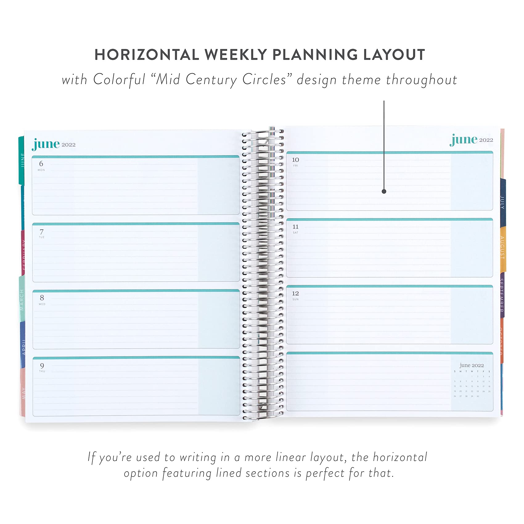 8.5” x 11” 12 Month Spiral Bound Life Planner ( Jan 2022 – Dec 2022 ) – Green Wedding Shoes Peonies Cover + Mid Century Circles Interior Pages. Horizontal Weekly and Monthly Agenda by Erin Condren.