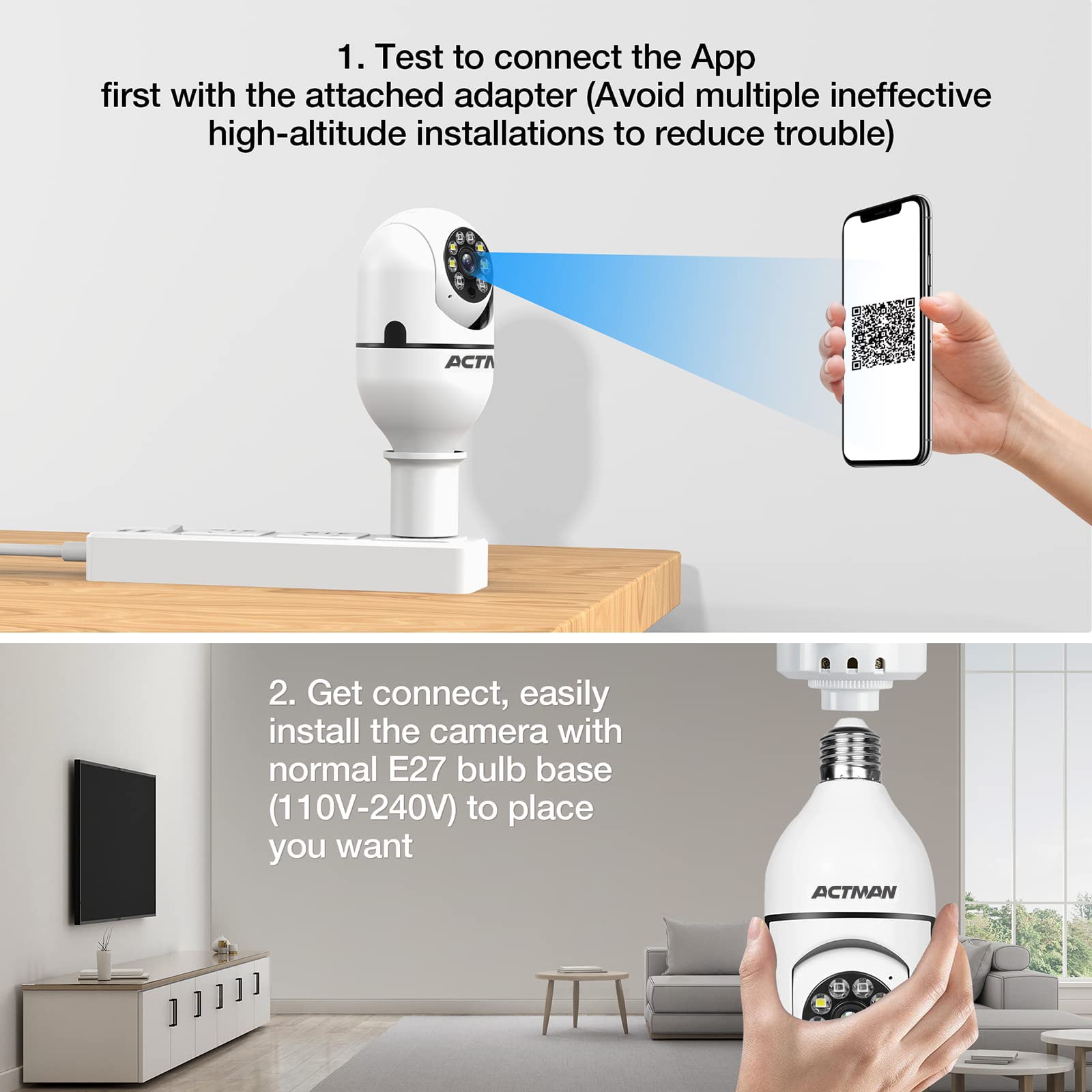 ACTMAN 2PCS 1080p Light Socket Security Camera Outdoor,2.4G WiFi Light B ulb Security Camera,WiFi Camera Outdoor,360 Degree Panoramic Camera,Motion Tracking, Color Night Vision Two-Way Dialogue.