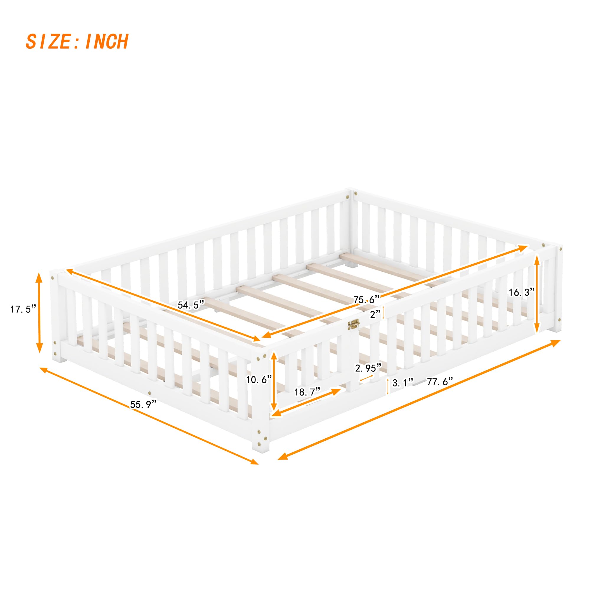HomSof Full Size Bed Floor Bed with Safety Guardrails and Door for Kids,77.6''L x 55.9''W x 17.5''H, White
