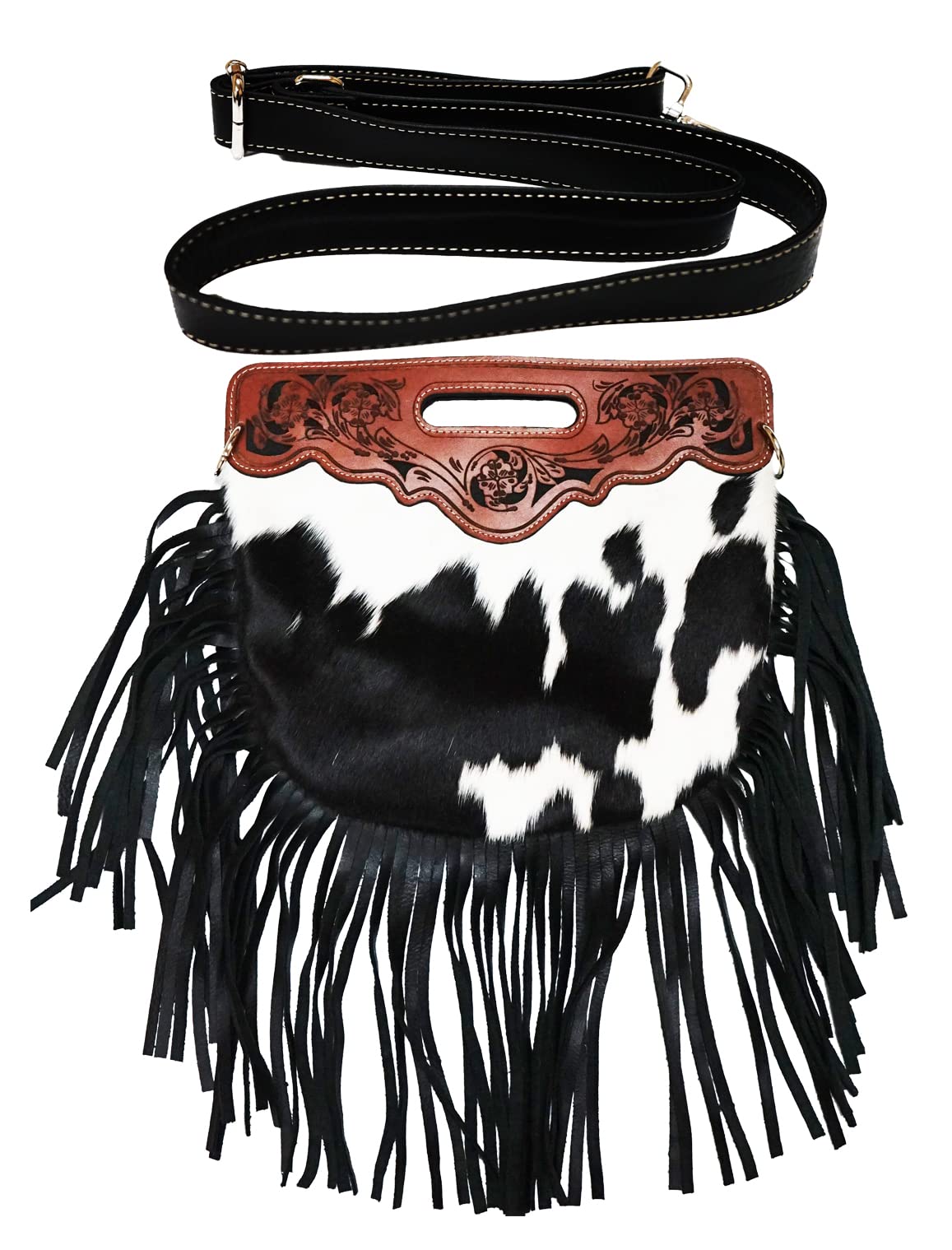 bonanza leathers women's cowhide handbag crossbody shoulder leather bag with fringes button closure H8 (Black)