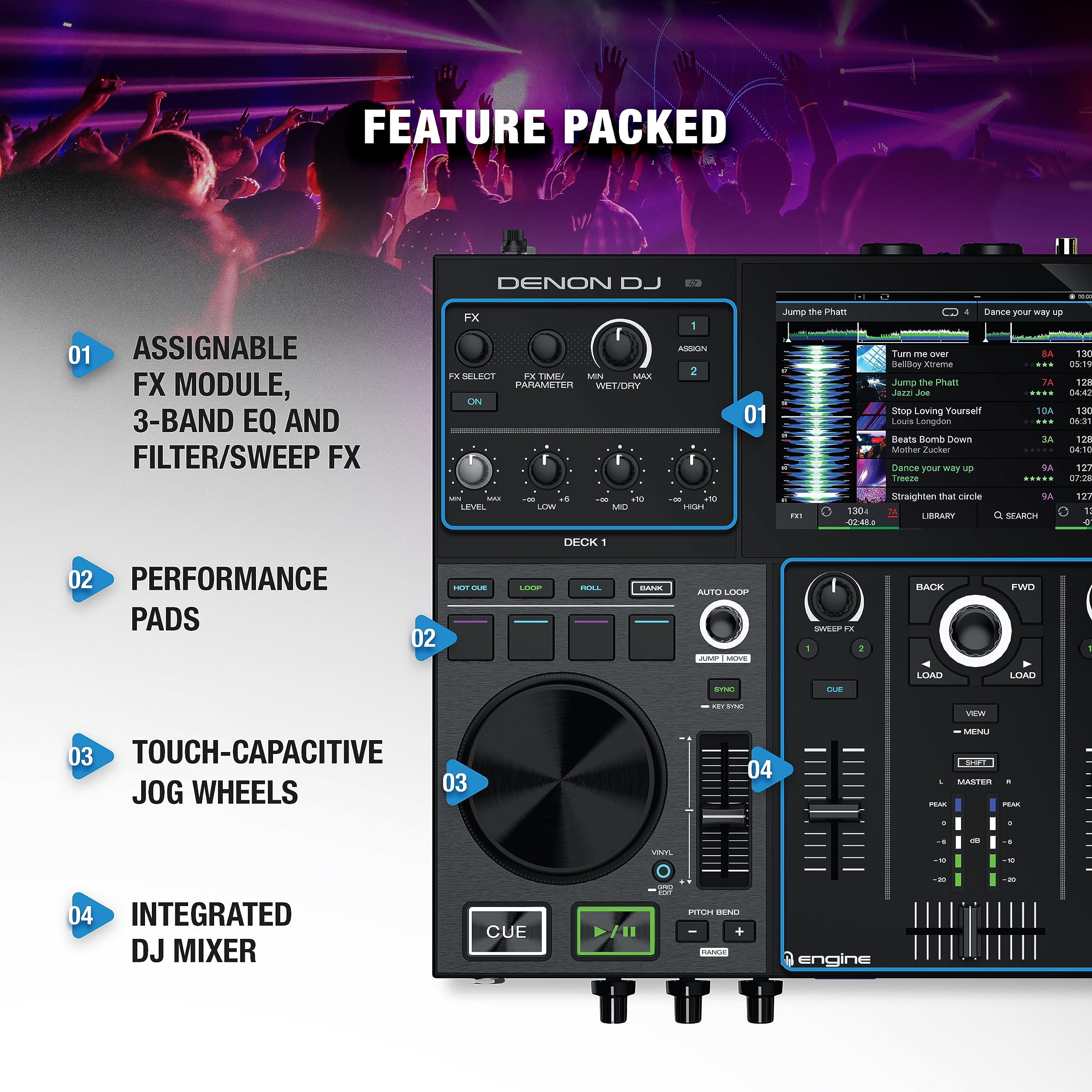 Denon DJ PRIME GO – Portable DJ Controller and Mixer with 2 Decks, WIFI Streaming, 7-Inch HD Touchscreen, DJ Set with Lights Control and Rechargeable Battery
