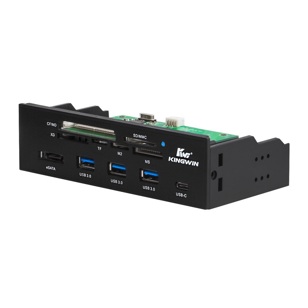 Kingwin Powered USB Hub 3.0 w/ 1 USB-C Port, SD Card Reader & Micro SD Card Reader - Sata Power Port w/Lightning Speed Data Transfer Up to 5Gbps - 5.25" Computer Case Front Bay, black (KW525-3U3CR)