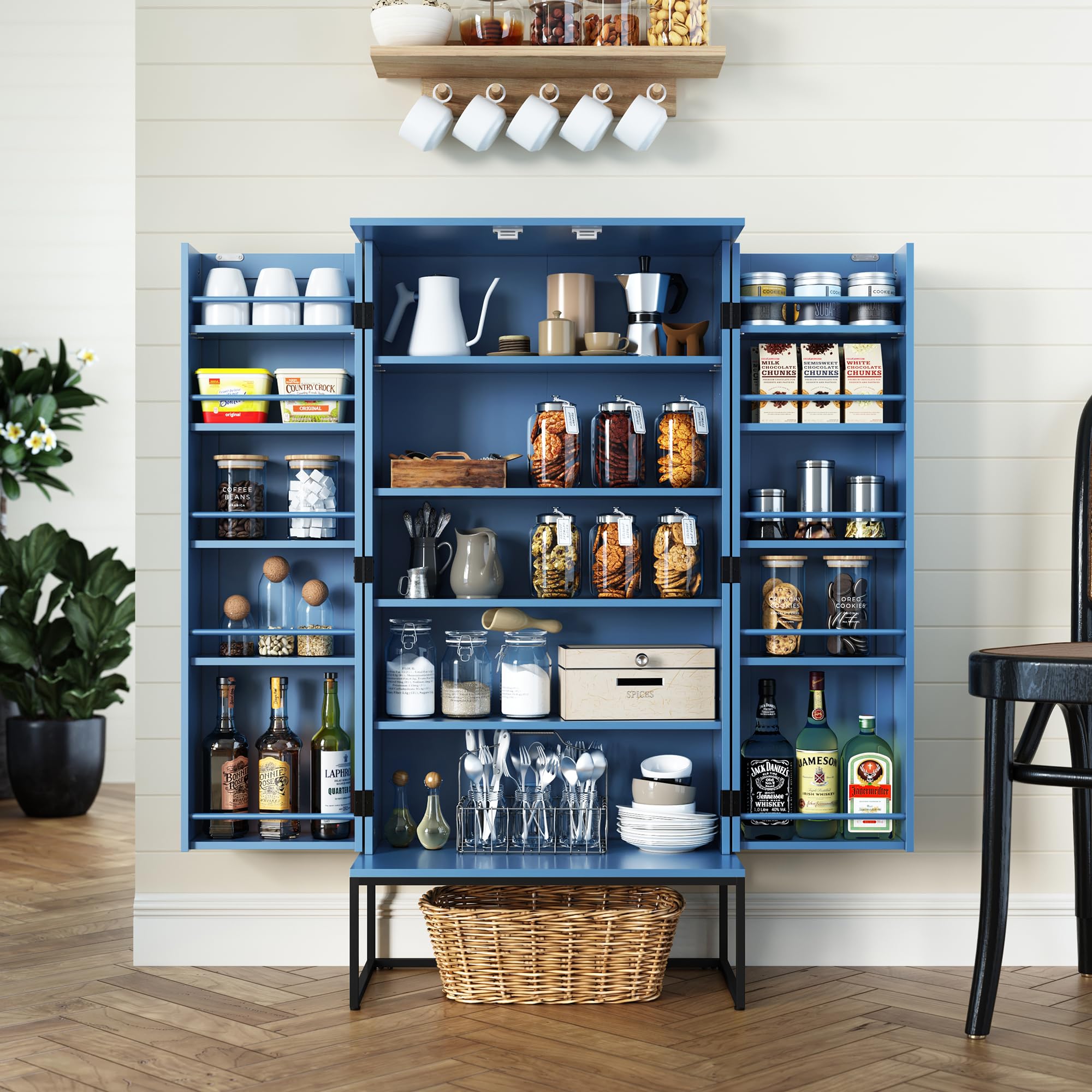 ARTPOWER 46" Blue Pantry Cabinets, Food Pantry Storage Cabinet with Adjustable Shelves,Large Storage Space for Kitchen,Blue