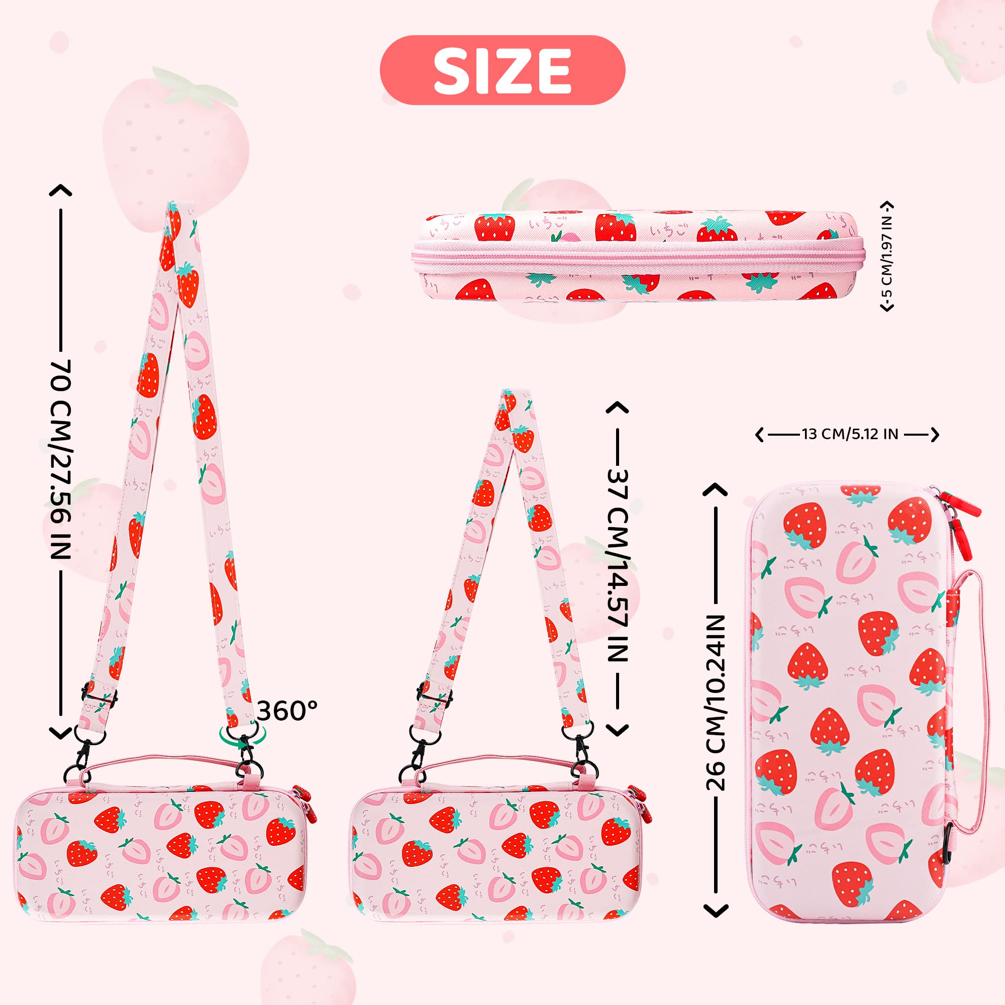 FANPL Carrying Case for Nintendo Switch & Switch OLED, Pink Cute Strawberry Travel Hard Protectiv Case for Switch with Adjustable Shoulder Strap, Game Case, Thumb Grips - Super soft plush lining