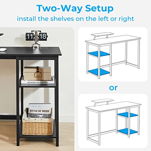 GreenForest Computer Home Office Desk with Monitor Stand and Storage Shelves on Left or Right Side,47 inch Modern Writing Study PC Laptop Work Table,Black