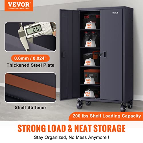 VEVOR Metal Storage Wheels, 200 lbs Load Capacity per Shelf 72'' Tall Powder-Coating Steel Cabinet with 4 Adjustable Shelves, Magnet Doors & Lock, Perfect for Office Home Garage, Black
