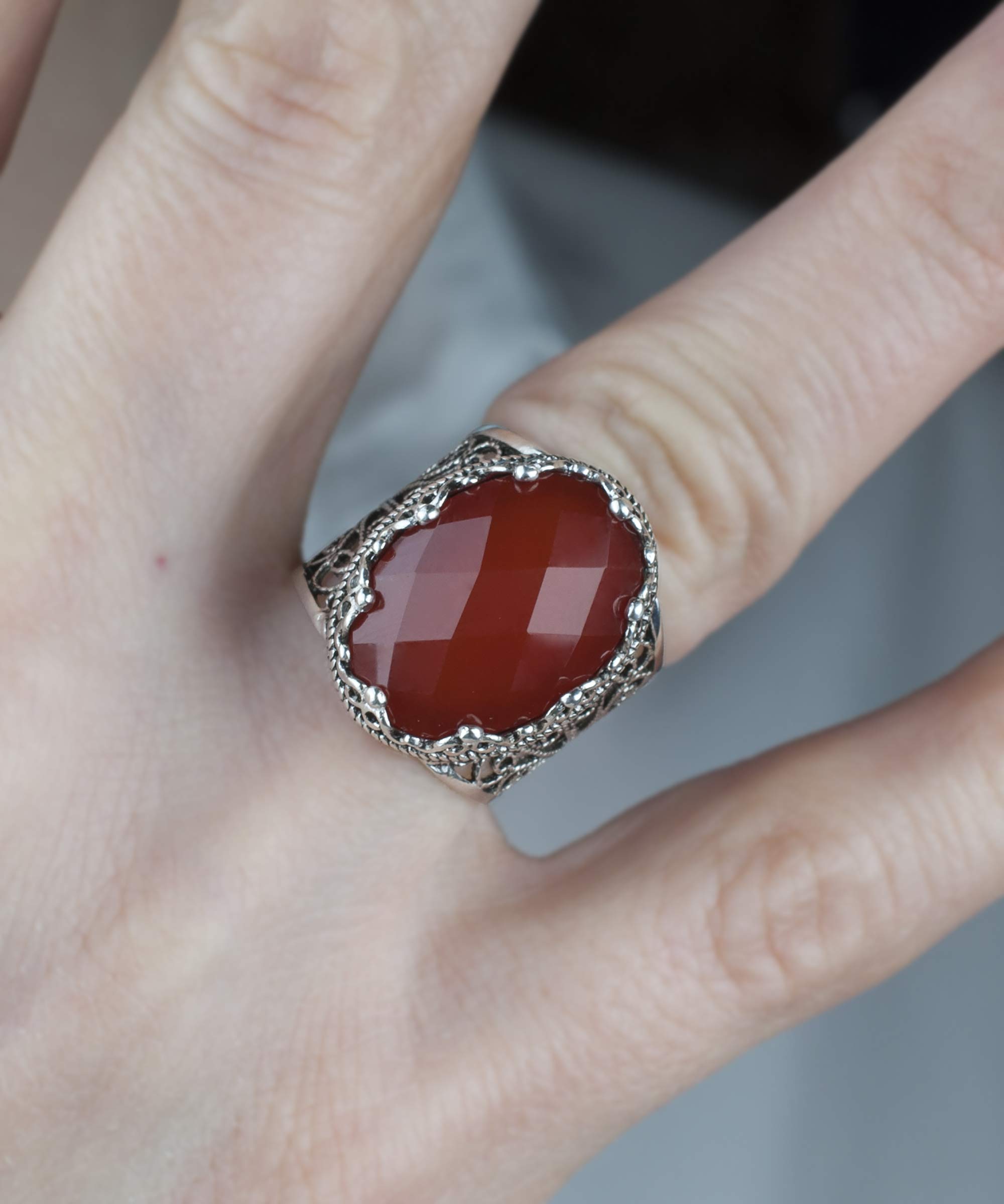 925 Sterling Silver Carnelian Oval Filigree Ring (Size 5-11) (8)