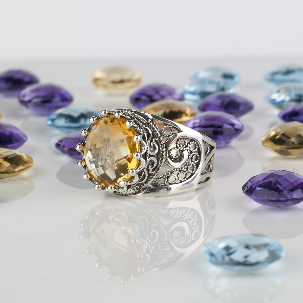 925 Sterling Silver Purple Amethyst Yellow Citrine Blue Topaz Round Filigree Paisley Ring (Size 5-12) (12, Citrine)