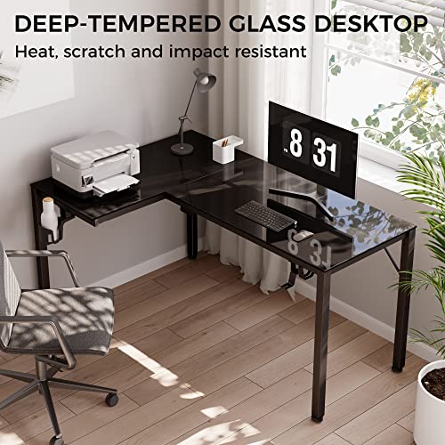 EUREKA ERGONOMIC Music Sensing RGB LED Lights Glass Gaming Desk, 60 Inch L Shaped Reversible Top, Home Office Corner Computer Studio Table Gifts GTG L60 w Cup Headset Socket Holder, Smart APP Control