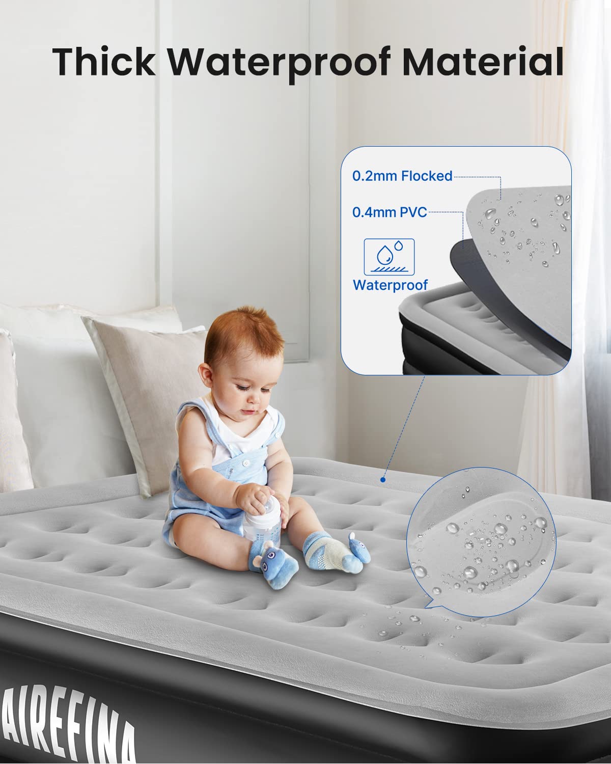 Airefina Queen Air Mattress with Built-in Pump 18", Blow up Mattress in 3 Mins, Colchon Inflatable Mattress with Flocked Surface for Home, Guest,Comfort, Foldable & Portable Four Chamber Technical