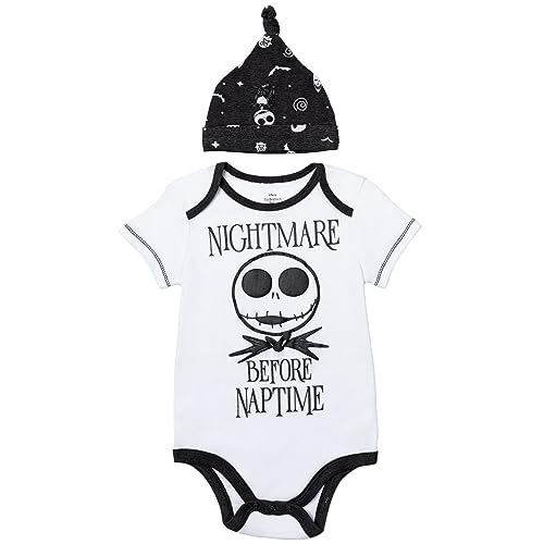 Disney Nightmare Before Christmas Newborn Baby Boys Short Sleeve Bodysuit Pants and Hat 3 Piece Outfit Set 0-3 Months