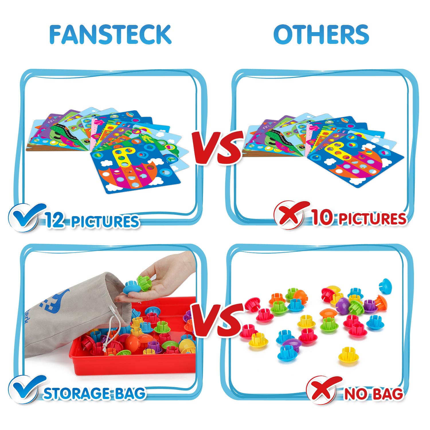 Fansteck Button Art Toy for Toddlers, Color Matching Early Learning Educational Mosaic Pegboard, Safe Nontoxic ABS Plastic Premium Material, 12 Pictures and 46 Buttons,with a Bag Easy to Storage