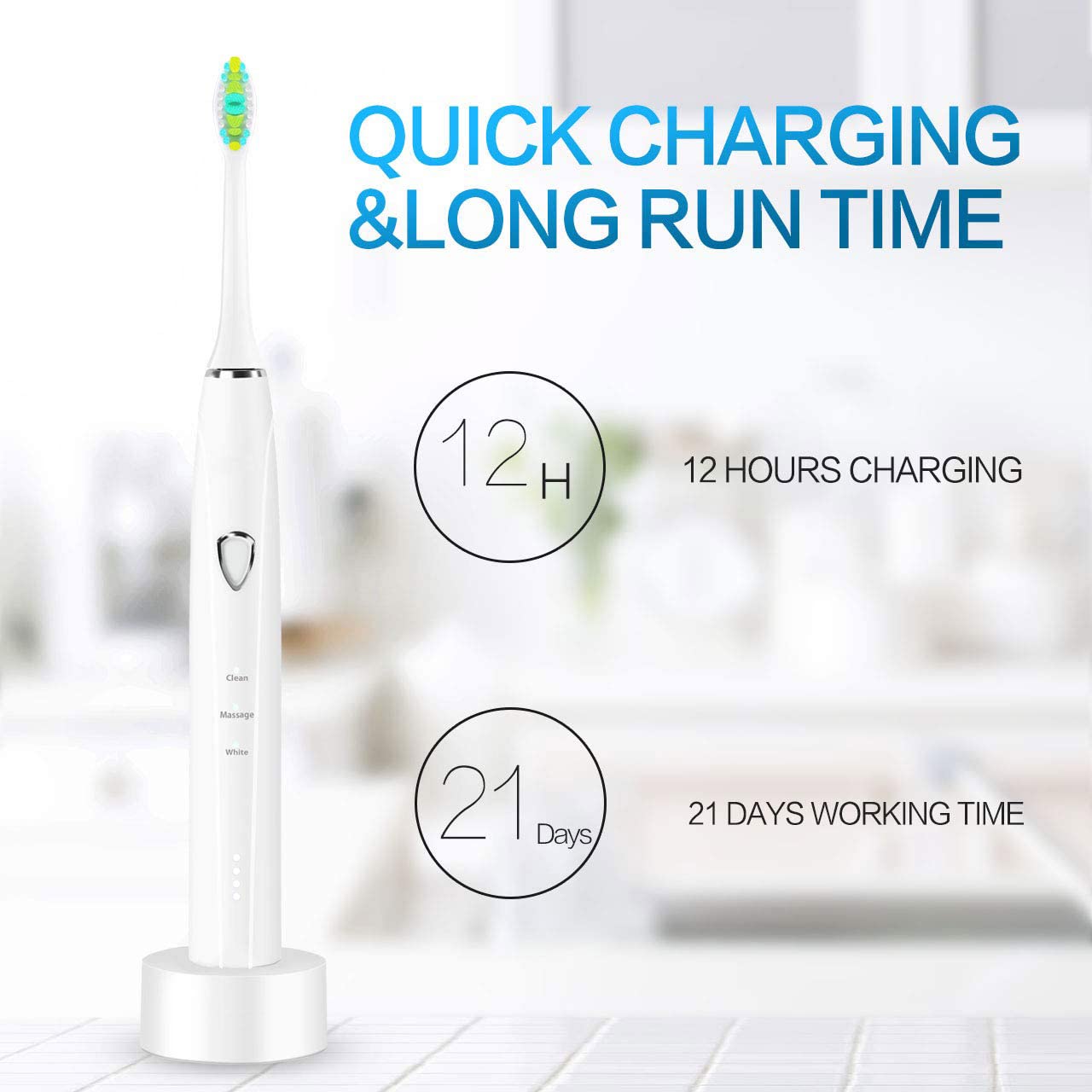 Rolg Electric Sonic Toothbrush, Powerful Rechargeable Sonic Toothbrush with 3 Brushing Modes, 2 Minutes Automatic Timer or Free Control Sonic Toothbrush for Travel, Kids, Adult, White