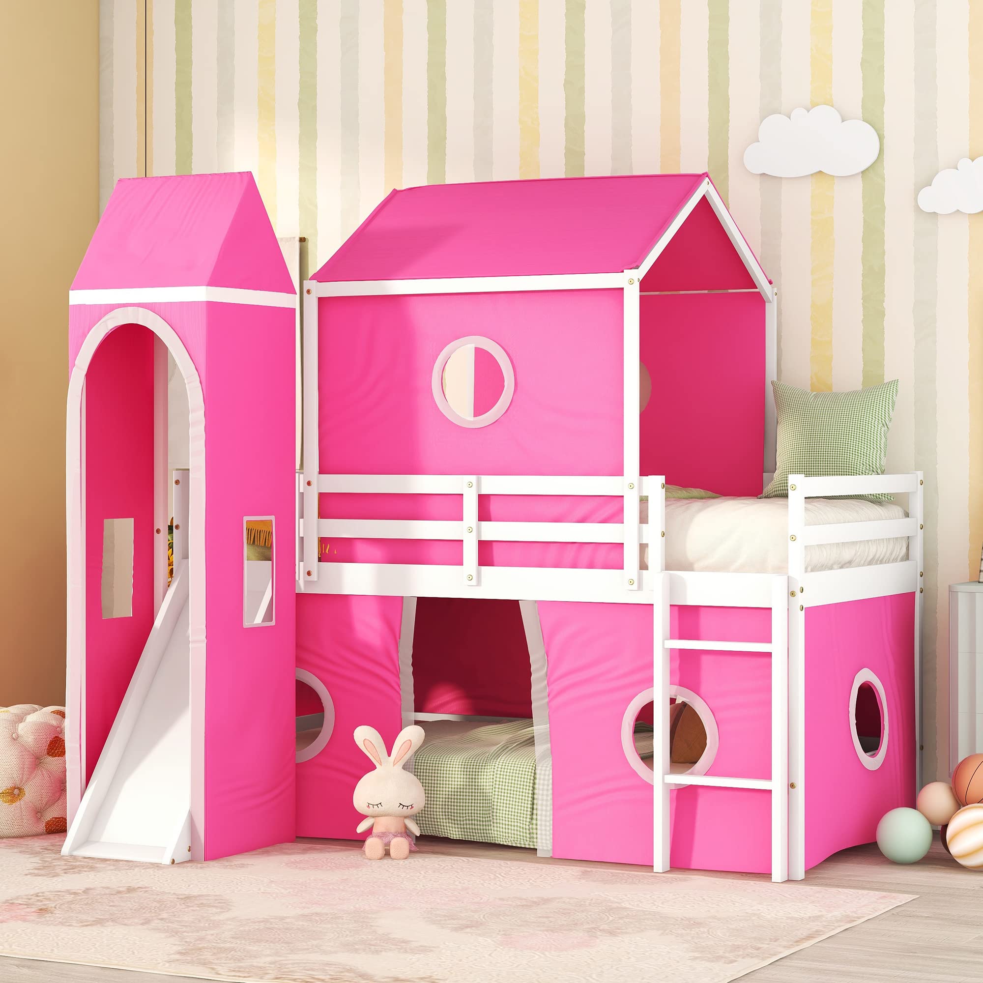 Bellemave Low Full Loft Bed with Slide and Curtains, Full Over Full Floor Bunk Bed with House Shape Tent and Tower, Wood Castle Style Loft Beds for Kids Boys Girls, Pink