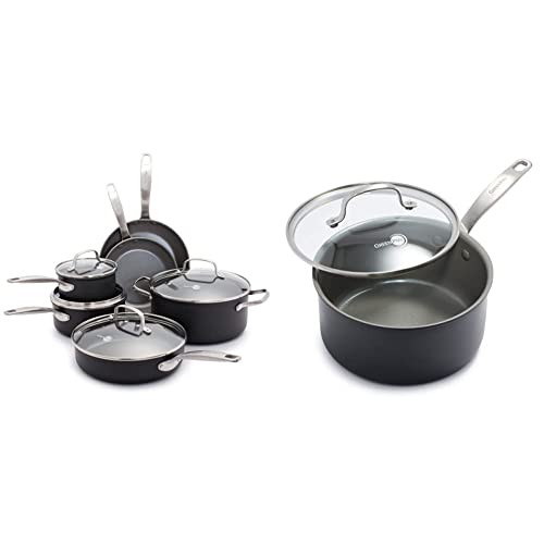 GreenPan Chatham Hard Anodized Healthy Ceramic Nonstick 10 Piece Cookware Pots and Pans Set, Gray & Chatham Hard Anodized Healthy Ceramic Nonstick, 3QT Saucepan Pot, Gray
