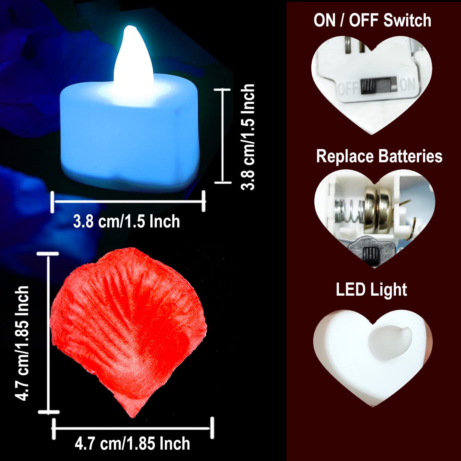 AUSAYE 1000 Pieces Artificial Rose Petals with 24 Pcs Heart Shaped LED Candles Smokeless Romantic Love LED Tea Lights for Night Valentine's Day Anniversary Wedding Table Decor Blue Party Decoration