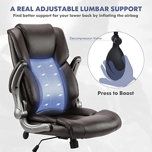 Leather Executive Office Chair- High Back Home Computer Desk Chair with Padded Flip-up Arms, Adjustable Tilt Lock, Swivel Rolling Ergonomic Chair for Adult Working Study-Brown