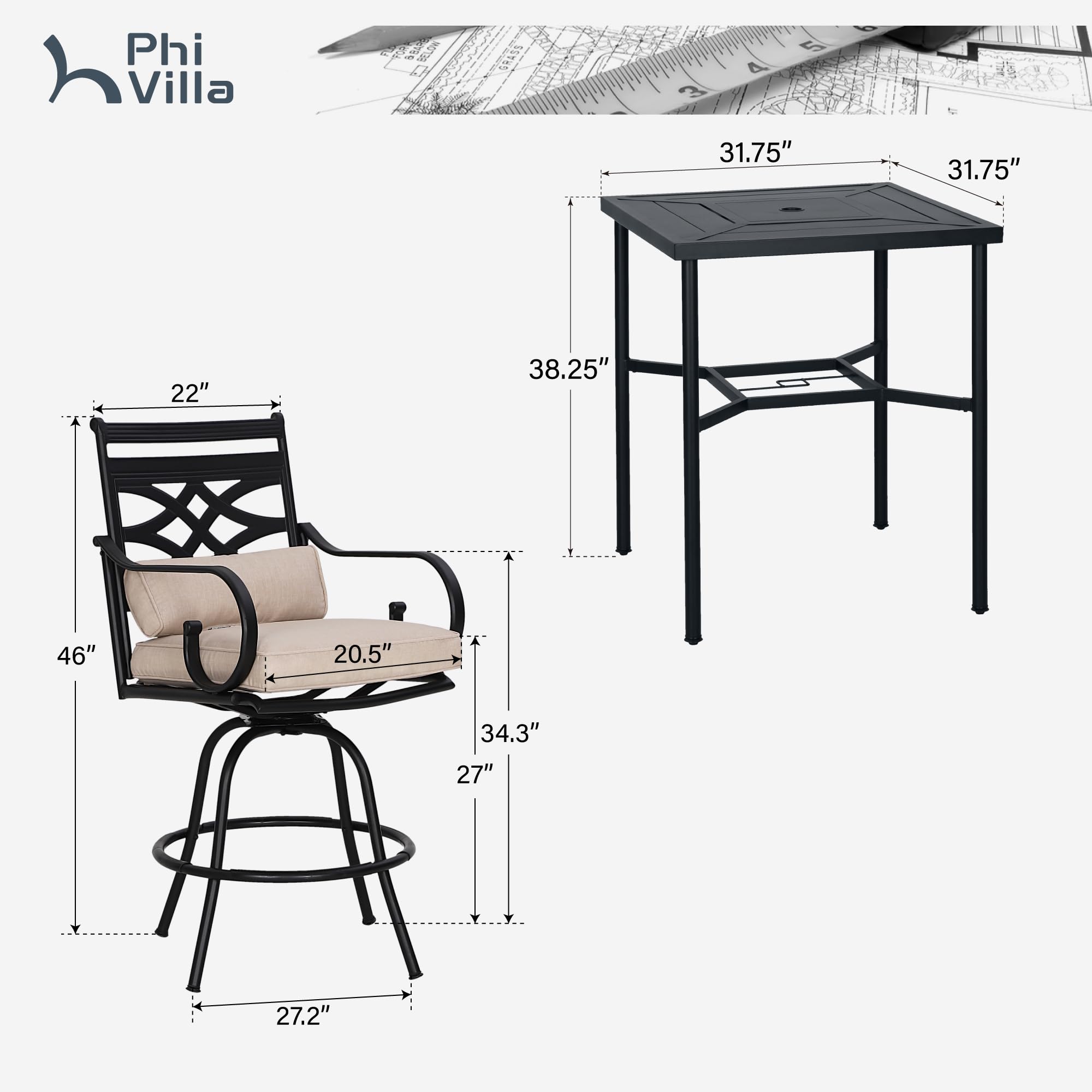 PHI VILLA 5 Piece Patio Bar Set,Outdoor Bar Table and Chairs Set, Strong and Heavy Duty Outdoor Bar Set with Cushion and Pillow,4PC Swivel Bar Stools with Square Bar Height Table