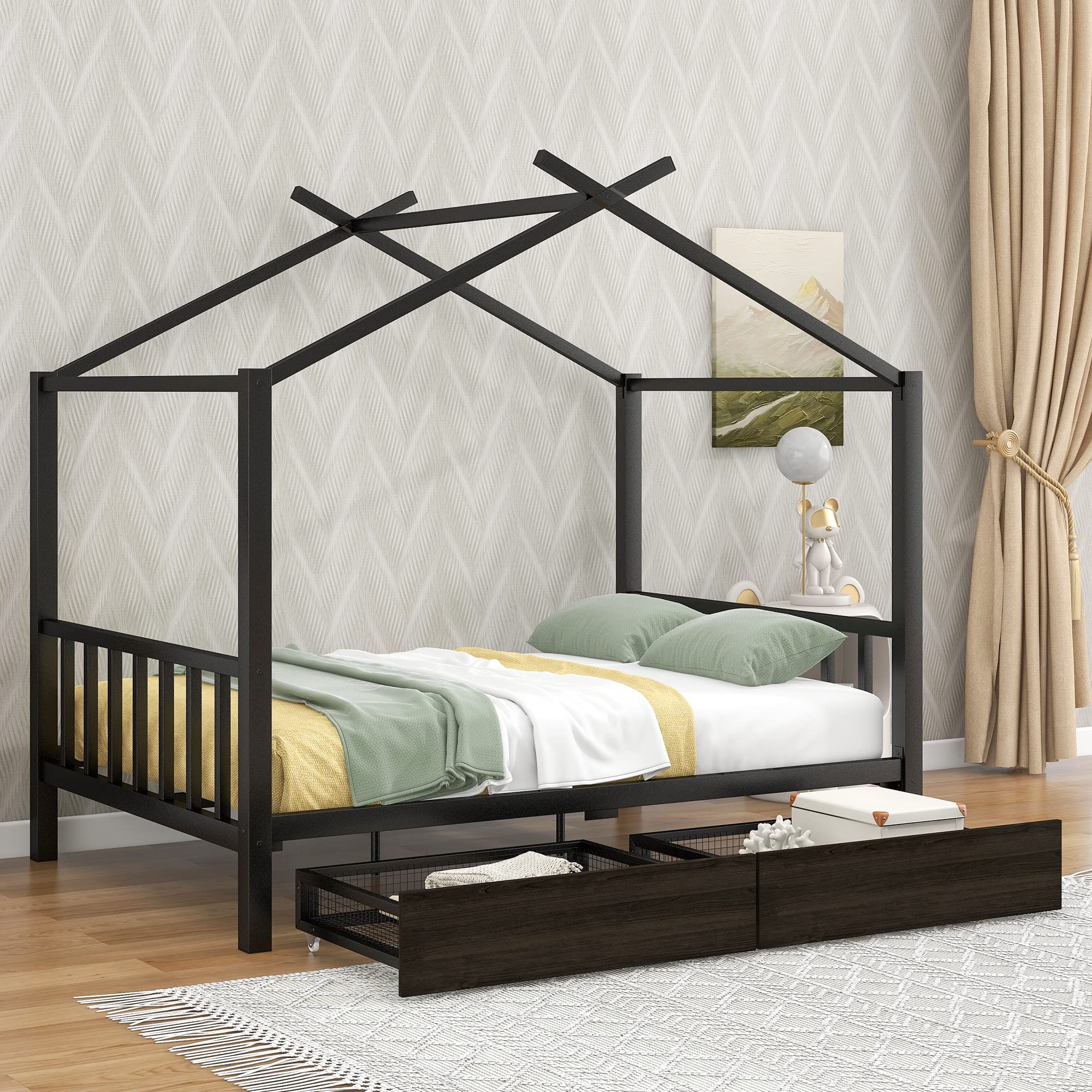 Bellemave Full House Bed with Storage Drawers Metal Montessori Bed Frame Heavy-Duty Cottage Cabin Beds for Kids Girls Boys Teens, Black, Full Size