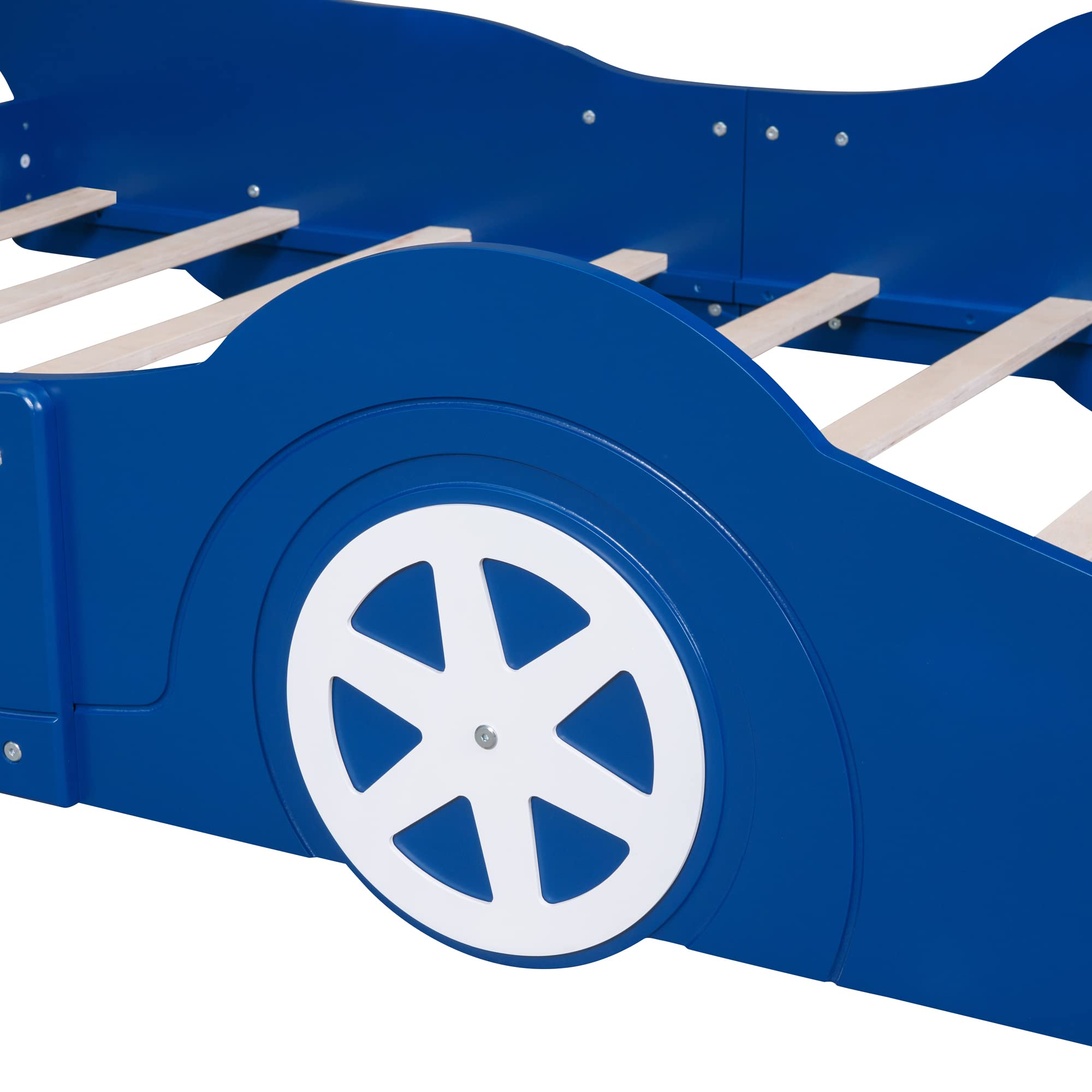 SOFTSEA Full Size Car-Shaped Platform Bed, Solid Wood Platform Bed with Wheels for Kids Boys Girls, No Box Spring Needed, Without Headboard, Blue