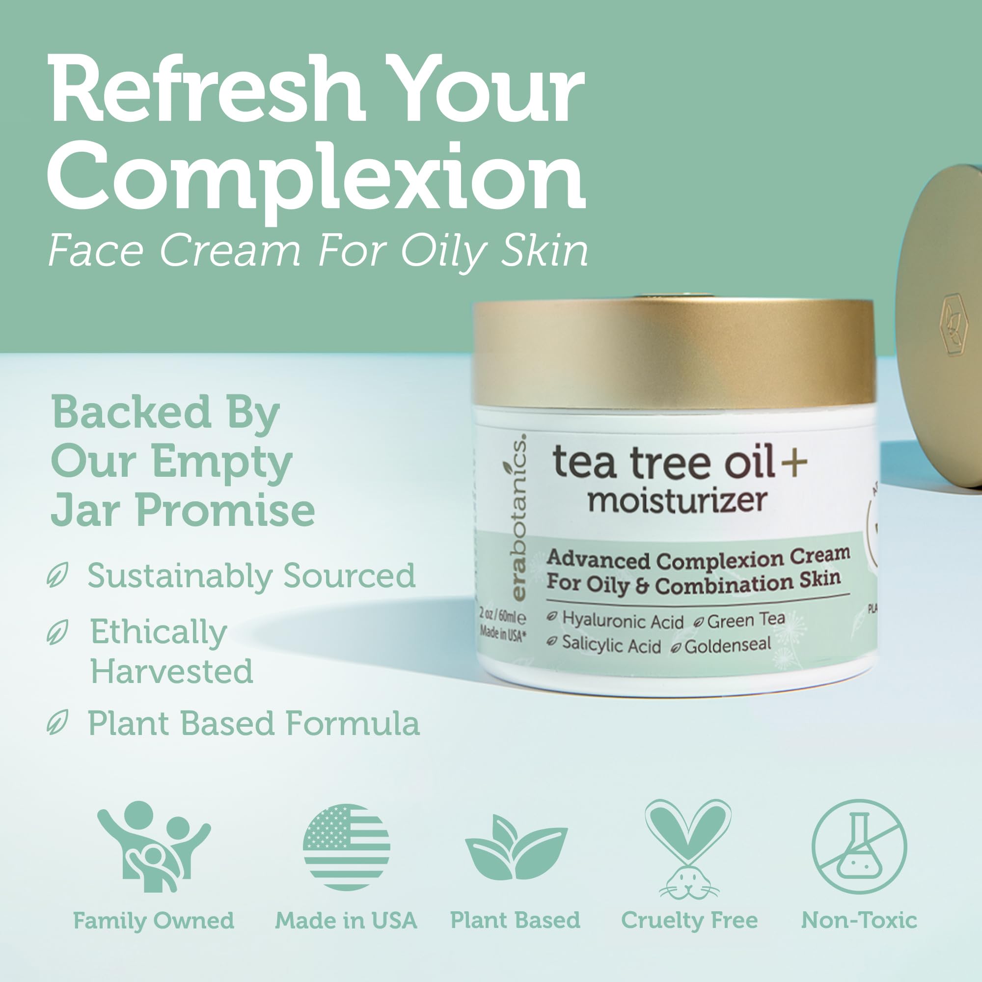 Era Organics Tea Tree Cream Face Moisturizer for Oily Skin - Advanced 7X Balancing Oily Skin Moisturizer - Non-Greasy Moisturizer - Tea Tree Oil for Skin