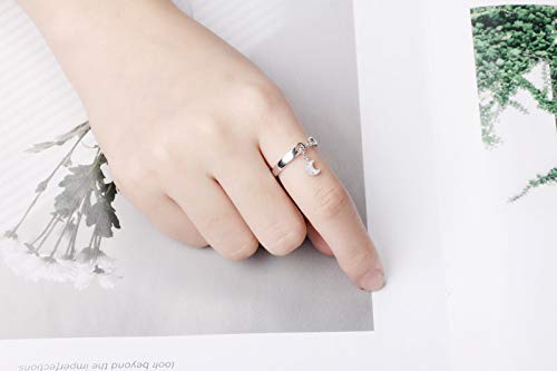 925 Sterling Silver Plated Boho Cubic Zirconia Moon and Chain Women Adjustable Tassel Band Ring