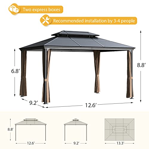 Greesum 10'x13' Hardtop Polycarbonate Gazebo, Outdoor Steel Double Roof Canopy, Aluminum Frame Permanent Pavilion with Netting and Curtains for Patio, Backyard and Lawns
