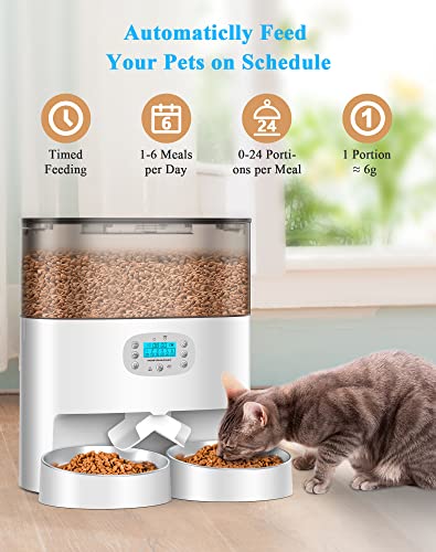 Automatic Cat Feeder, HoneyGuaridan 6L Pet Feeder for 2 Cats & Dogs, Auto Cat Dry Food Dispenser with Desiccant Bag, Timer Feeder Portion Control 1-6 Meals per Day, Dual Power Supply, Voice Recorder