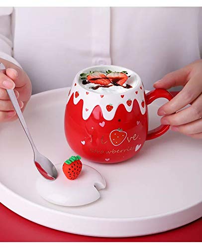 Anjiyoyo Lovely Strawberry and Stainless Steel Scoop Ceramic Coffee Cup, Novel and Interesting Fruit cup, Lovers Milk cup, Creative Gift Breakfast Cup for Kid or Girlfriend