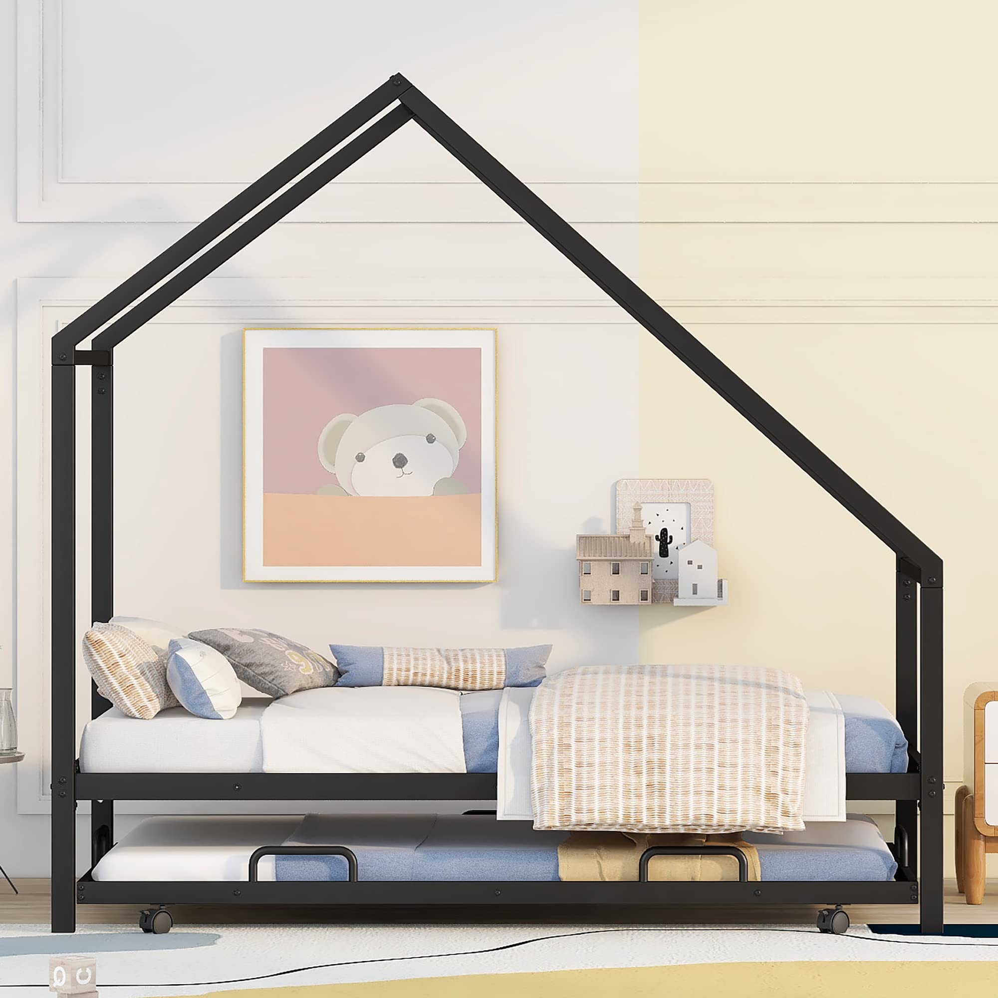 Bellemave Twin Size House Bed with Trundle, Kids Montessori Beds Metal Canopy Bed Frame for Girls Boys Teens, No Spring Box Needed, Black