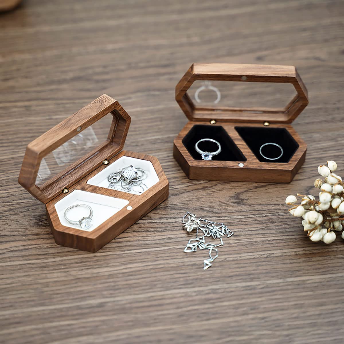 Engagement Ring Box Wooden Ring Box Proposal Ring Box with Clear Top Ring Bearer Box for Wedding Wooden Ring Holder for Proposal (RB517)