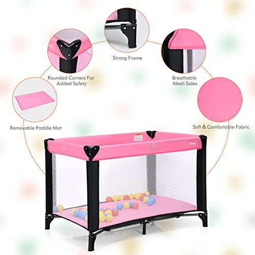 INFANS Pack and Play, Portable Playard with 50pcs Ball Pit Balls Carry Bag, Breathable Mattress, Washable Sheet Cover, Easy Folding Baby Crib Playpen Activity Center (Pink)