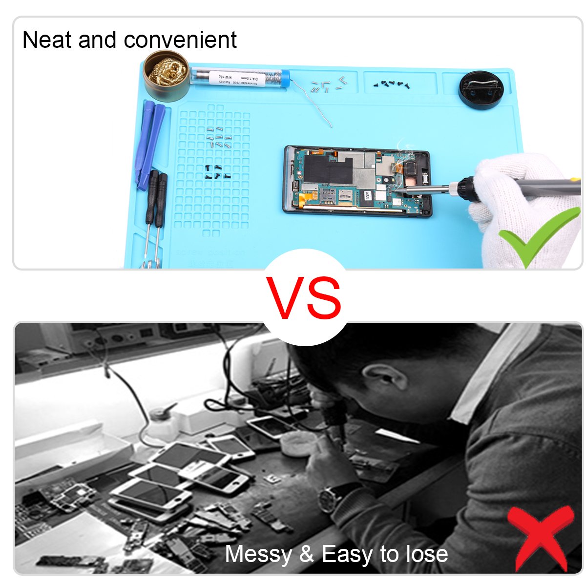 XOOL Heat Resistant Soldering Mat - Blue Magnetic Silicone Work Mat with Scale Ruler and Screw Position, Silicone Soldering Repair Mat for Soldering, Phone, Laptop, Tablet, Watch Repair(13.7''×9.76'')