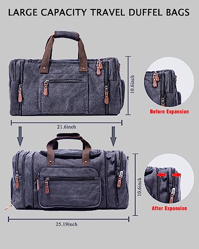 Canvas Duffle Bag Mens with Shoes Compartment,(50L/55L)Travel Bag for Men Adjustable Capacity Weekend Overnight Bag Carry on Bag Hospital Holdalls (Black)