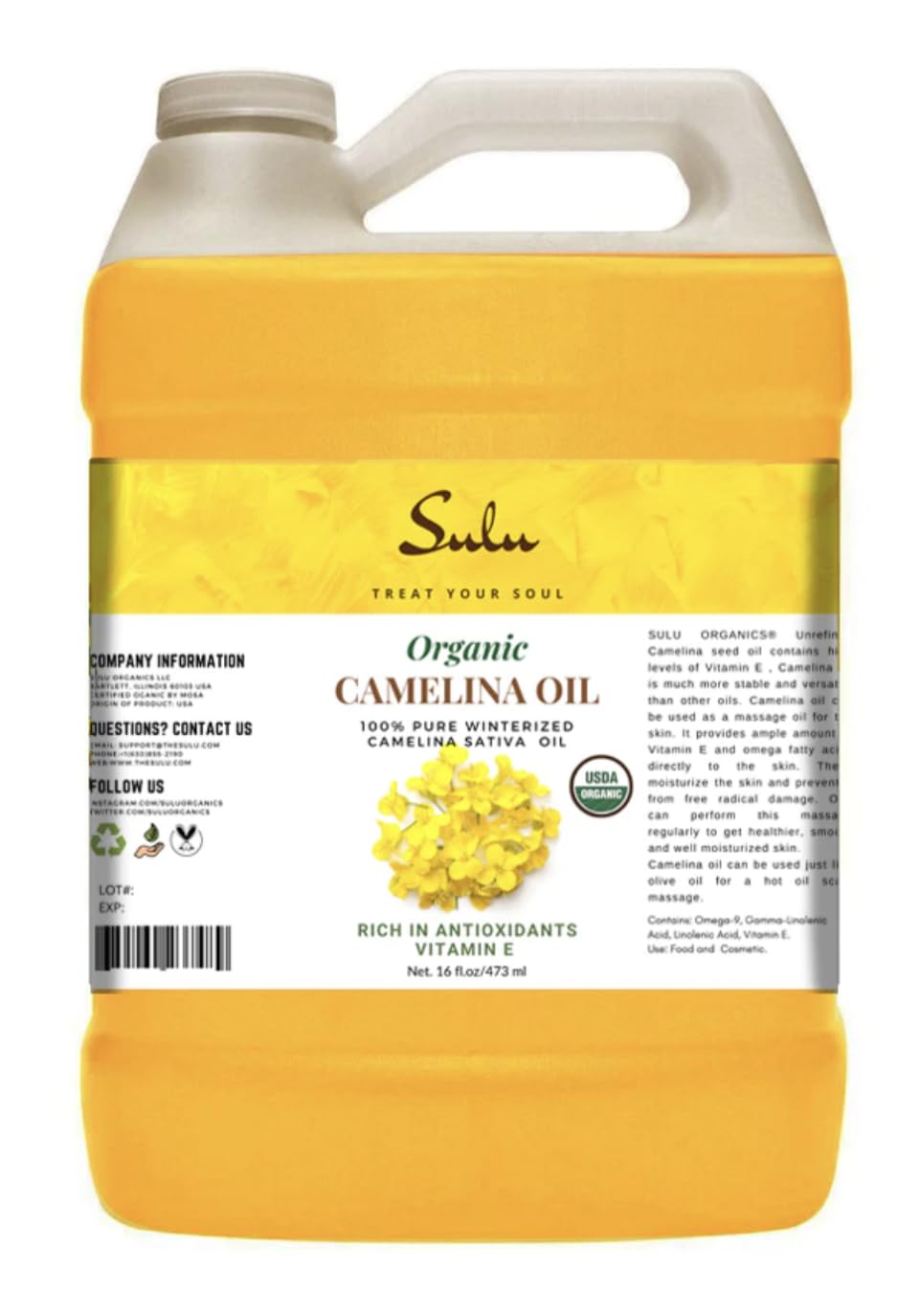 SULU ORGANICS 100% Pure Extra Virgin USDA Organic Unrefined Cold Pressed Camelina Seed Oil 1 Gallon (128 FL.OZ)