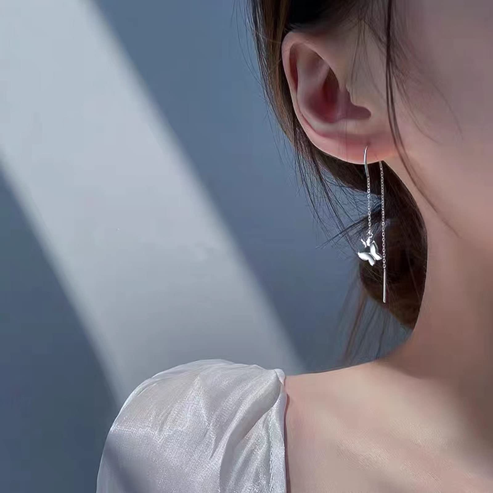 925 Sterling Silver Crystal Butterfly Drop Dangle Earrings for Women Long Tassel Chain Threader for Women Statement Jewelry