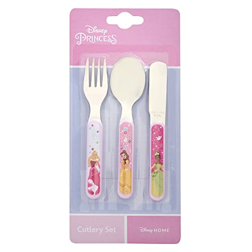 Disney Princess 3 Piece Cutlery Set – Metal, Reusable Children's Knife, Fork & Spoon, Kids-Size, Made from Food-Safe Stainless Steel & ABS Plastic – with Cinderella, Belle & Mulan – for 12 Months & Up
