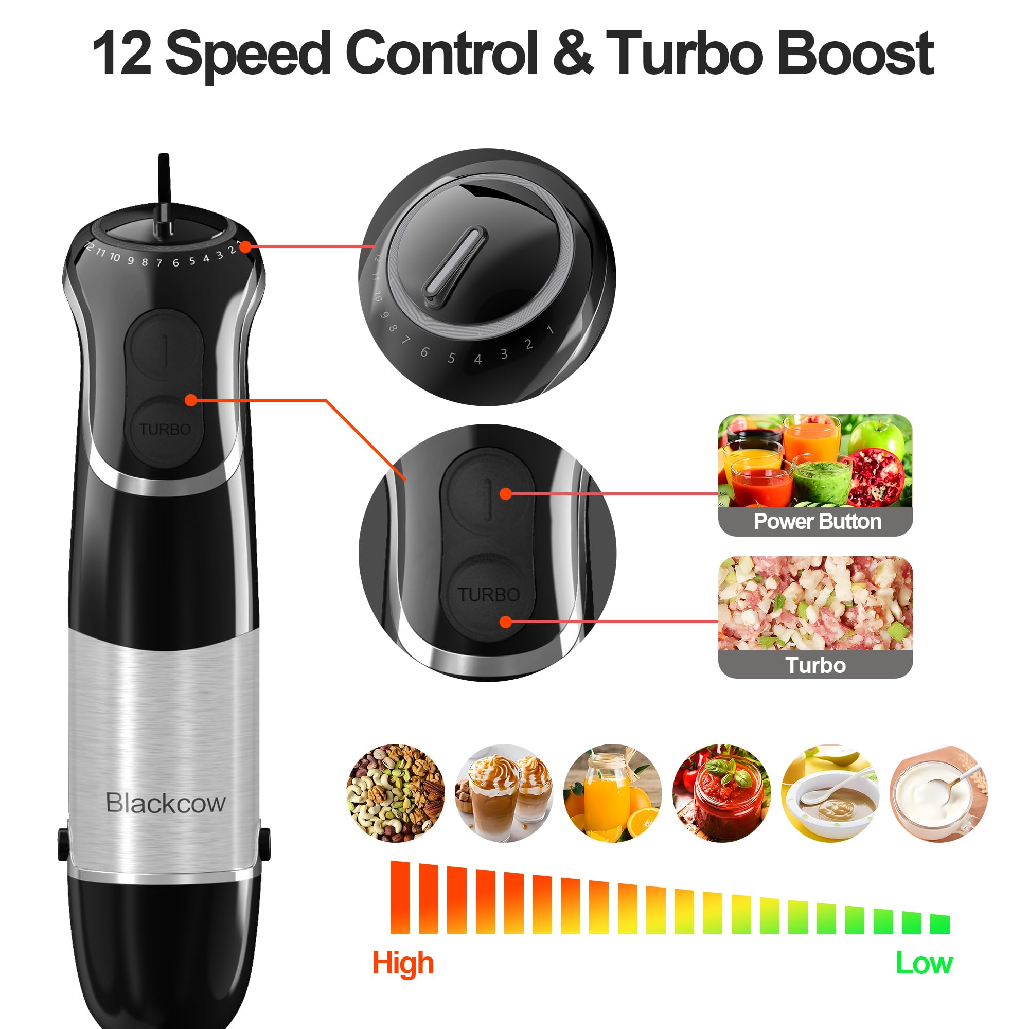 800W Electric Hand Blender - Immersion Blender with 12-Speed & Turbo, Stainless Steel Corded Hand Mixer for Kitchen, 3D 4-Blade Design for Effortless Mixing and Blending