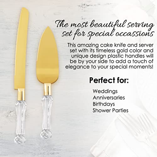 Homi Styles Wedding Cake Knife and Server Set | Plastic Faux Crystal Handles & 420 Stainless Steel Titanium gold plated Blades | Cake Cutting Set for Wedding Cake, Birthdays, Anniversaries, Parties